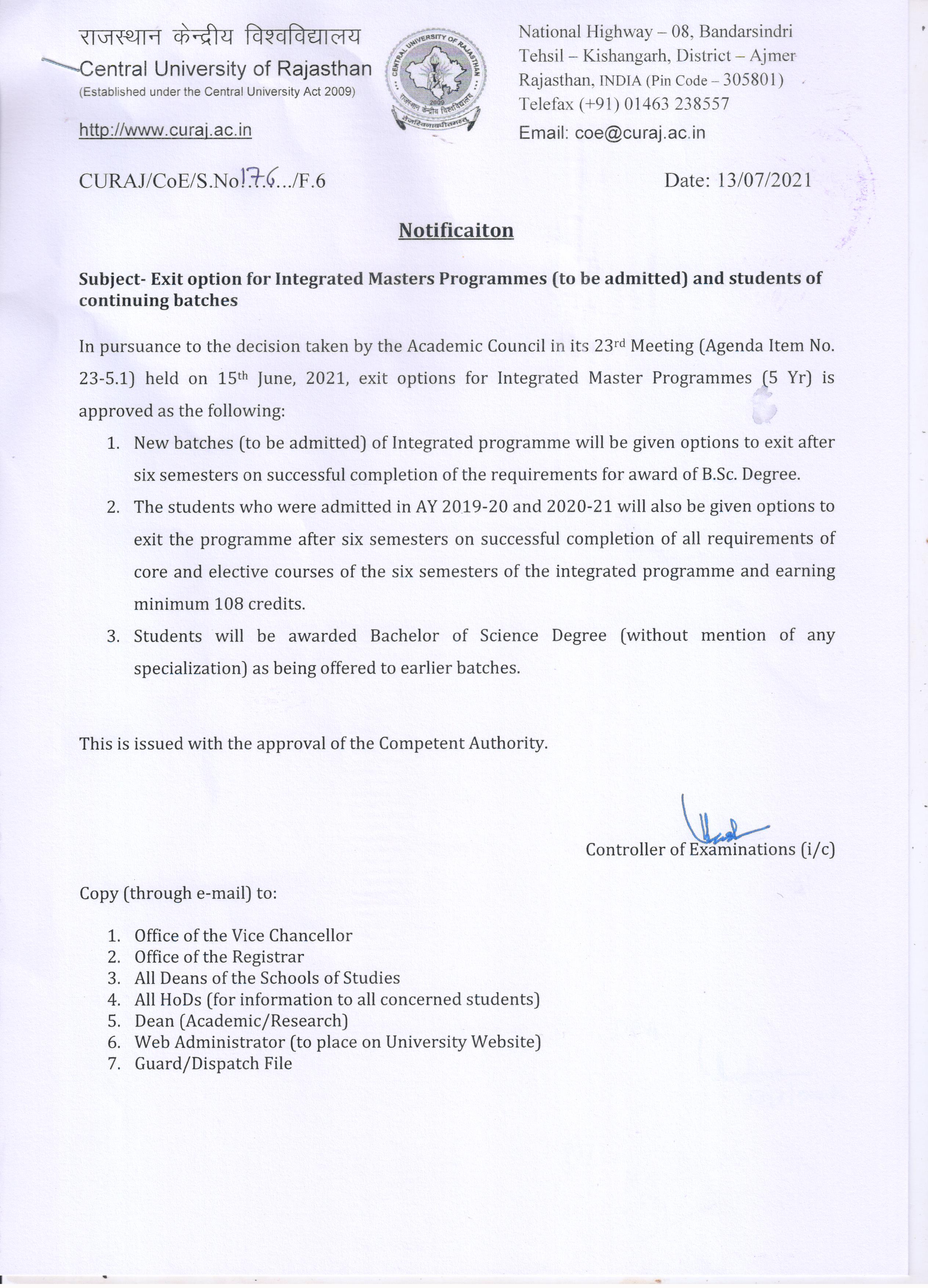 Notification for Exit option | Central University of Rajasthan