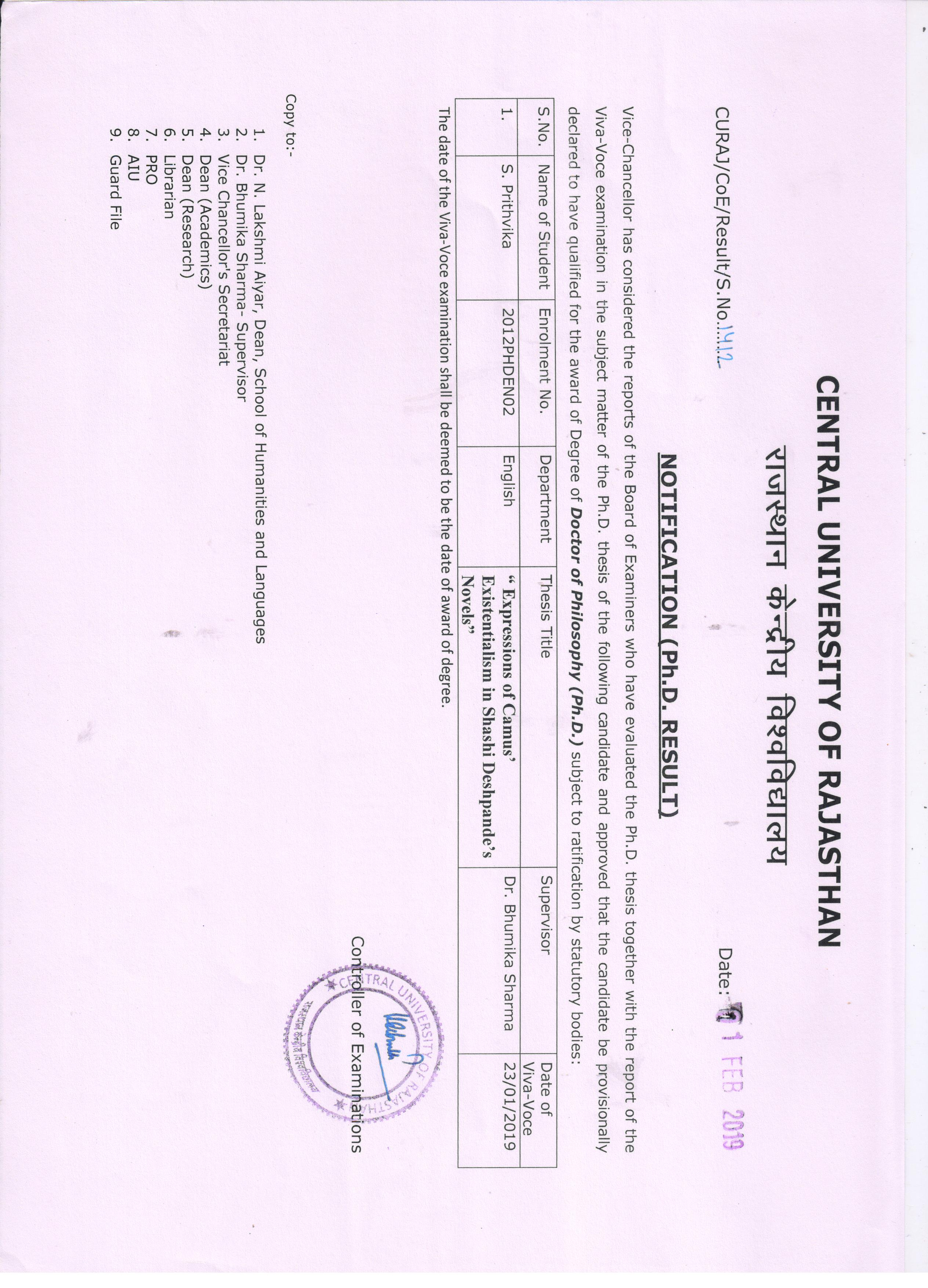 Notification (Ph.D. Result) S. Prithvika | Central University of Rajasthan