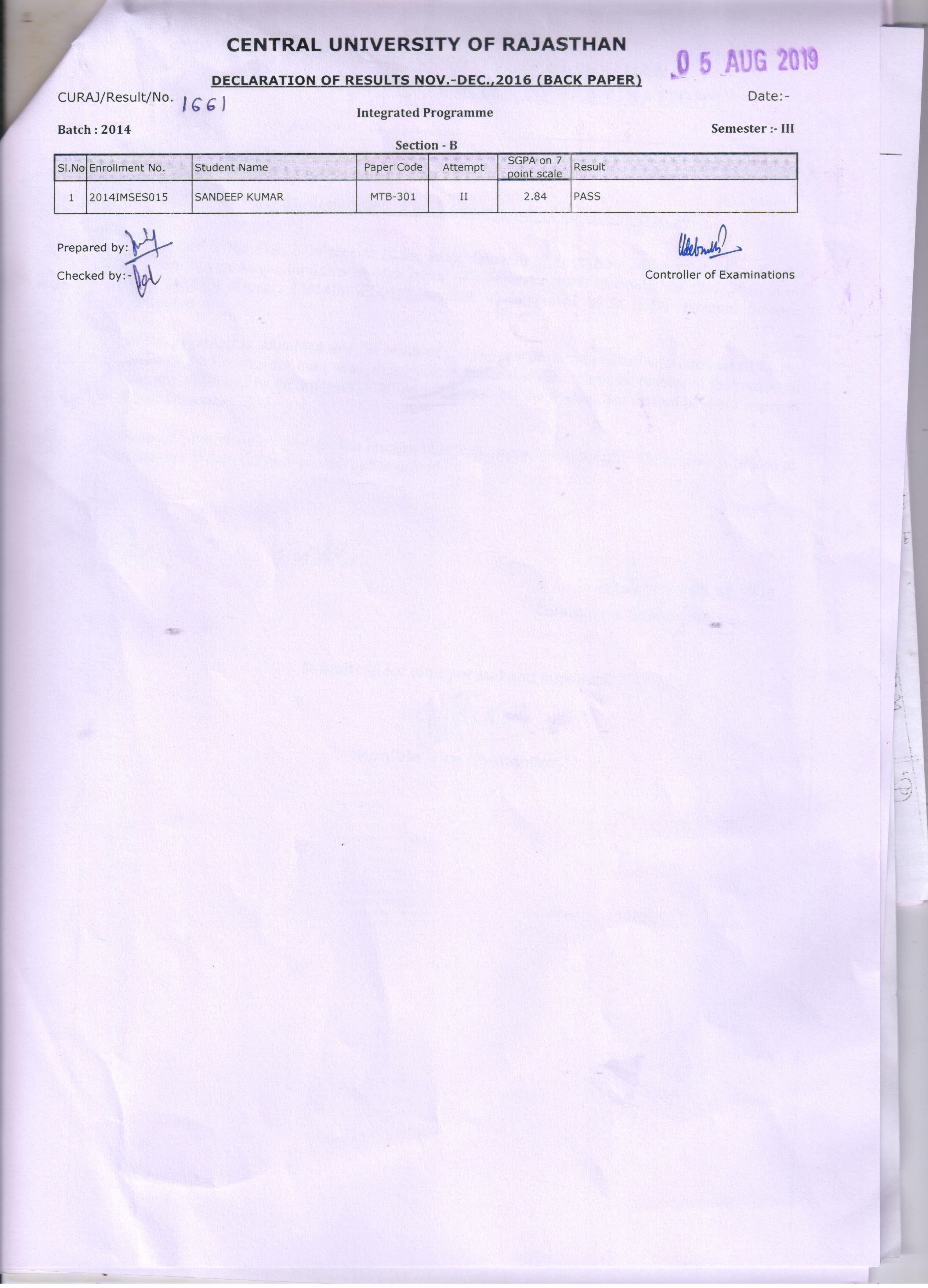 Declaration of Result Nov-Dec 2016 (Back Paper) | Central University of ...